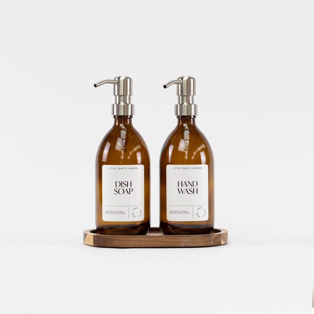 Set of 2 Amber Glass Bottle 500 ML with Metal Pump & Small Tray ...