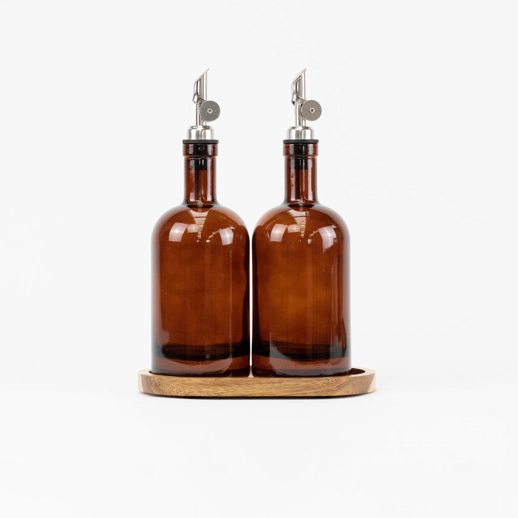 Set of 2 Amber Round Glass Oil Bottle 500 ML & Small Oval Tray