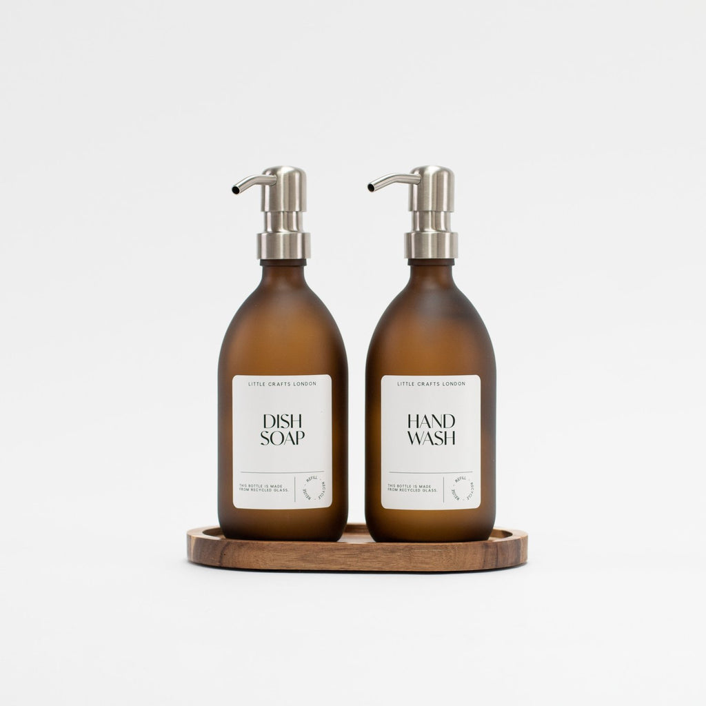 Set of 2 Frosted Amber Glass Bottle 500 ML with Stainless Steel Pump ...