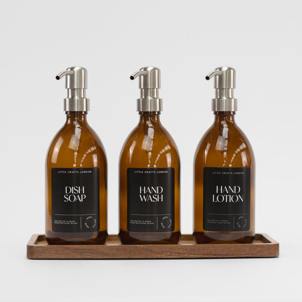 Set of 3 Reusable Amber Glass Bottles 500 ML with Metal Pump and Acacia ...