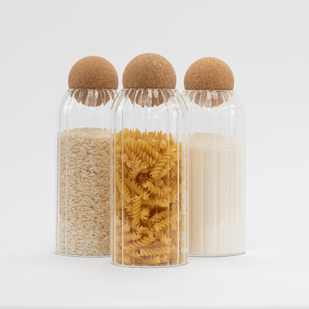 Set of 3 Ribbed 1200 ML Cork Ball Jars